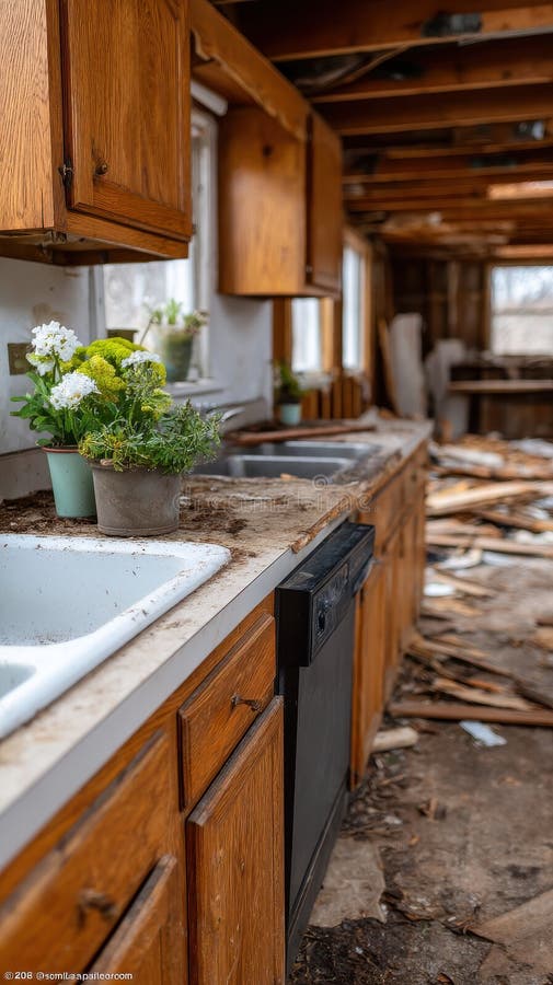 Devastated Kitchen Interior of an Old House with Flower Pots on the ...