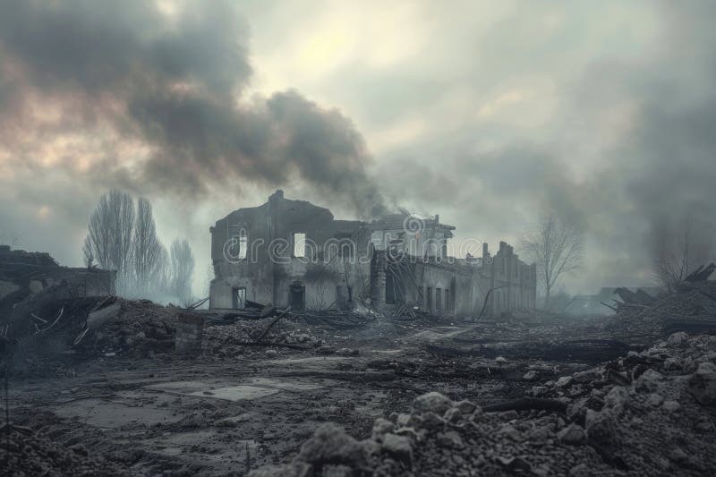 Devastated Landscape with Crumbled Buildings and Smoke-filled Sky ...