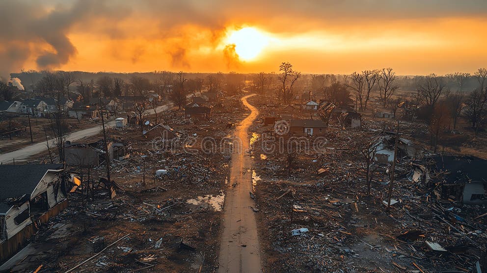 Devastated Landscape with Destroyed Homes at Sunset, Highlighting ...