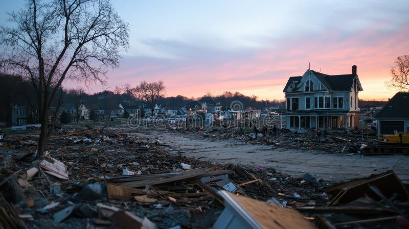 A Devastated Landscape after a Disaster, with Debris and a Lone House ...