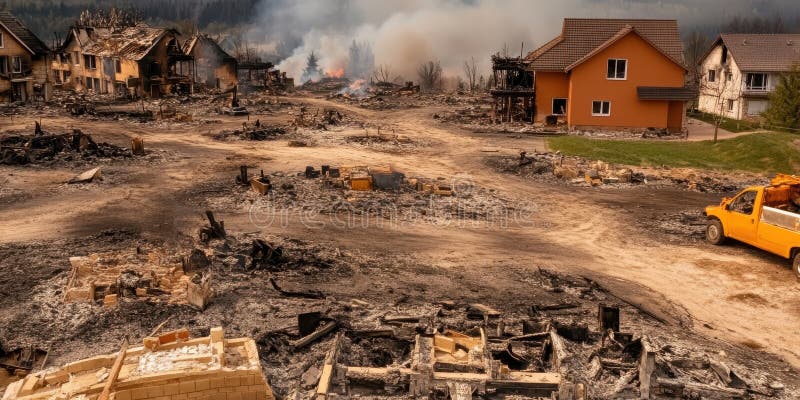 Devastated Landscape after Fire with Smoke and Destructed Houses in ...