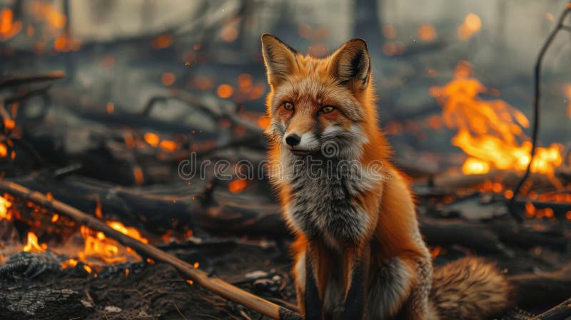 In a Devastated Landscape, a Tiny Fox is Seen Sitting Near a Fire ...
