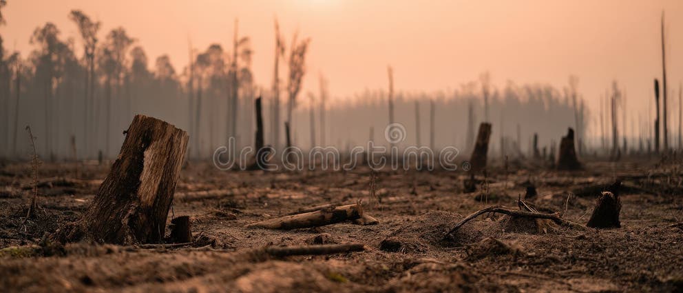 Devastated Landscape with Tree Stumps after Wildfire, Showing ...