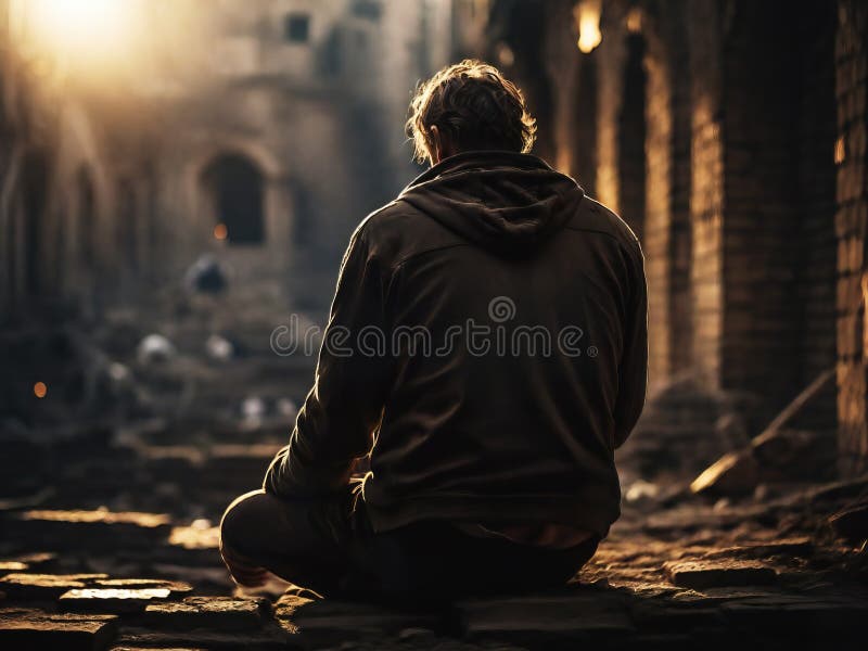 Devastated Man Dropping Down and Crying on Ruins of His Town, War and ...