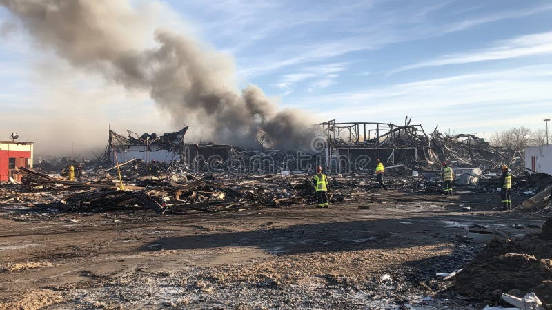 A Devastated Site with Smoke Rising, Indicating a Recent Fire or ...