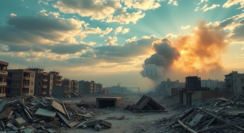 A Devastated Urban Area with Debris and Smoke from an Explosion Nature ...