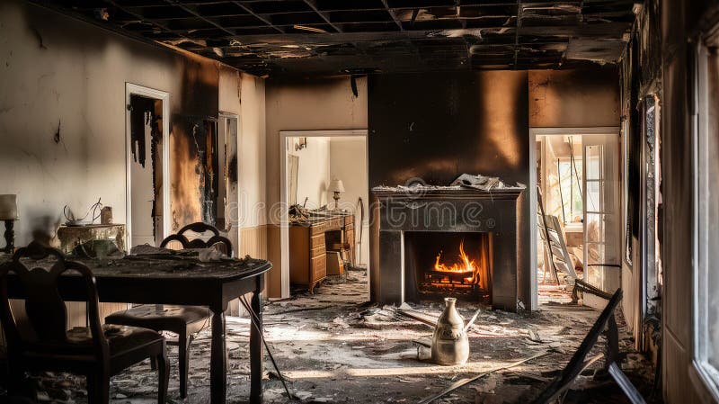 Devastating Aftermath of House Fire: Burnt Interior with Lingering ...