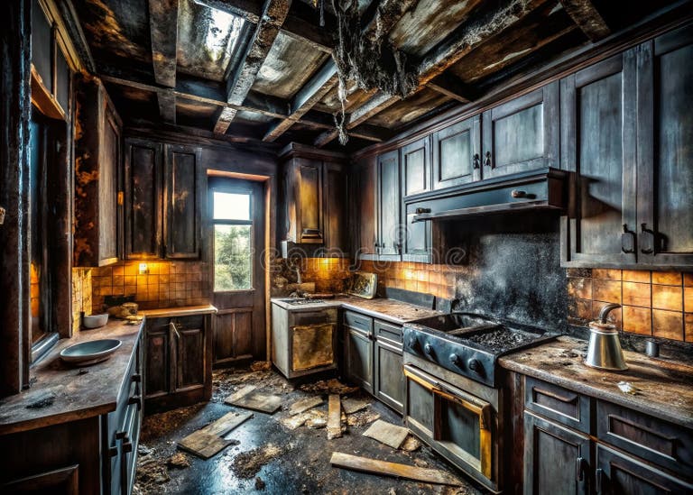 Devastating Aftermath of a House Fire Charred Kitchen Interior a ...