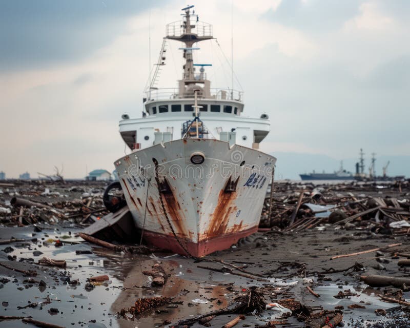 The Devastating Aftermath of a Tsunami a Ship Wrecked and Debris ...
