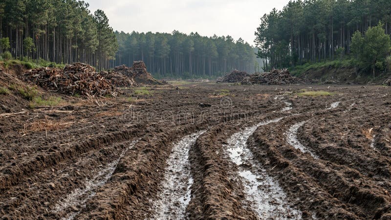 Devastating Deforestation Scene with Deep Tire Tracks Mud and Stacks of ...