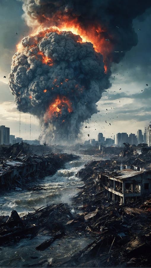 A Devastating Explosion in an Urban Area with Dark Smoke and Debris ...