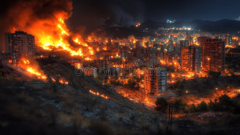 Devastating Fire Engulfing Hillside and City at Night Stock ...