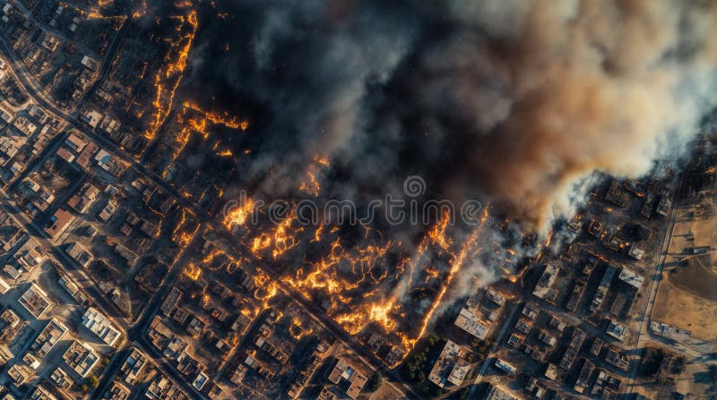 Devastating Fire Engulfing Residential Area, Aerial View of Destruction ...