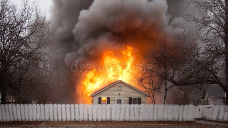 Raging Suburban Fire Consuming Wooden House, Billowing Dark Smoke ...