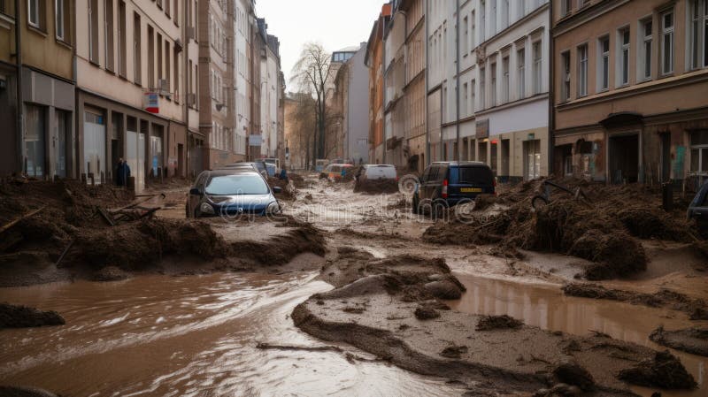 Devastating Flood Waters Carry Mud and Debris through City Streets ...