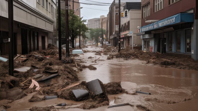 Devastating Flood Waters Carry Mud and Debris through City Streets ...