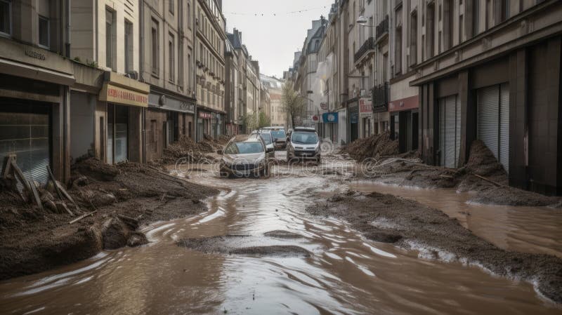 Devastating Flood Waters Carry Mud and Debris through City Streets ...