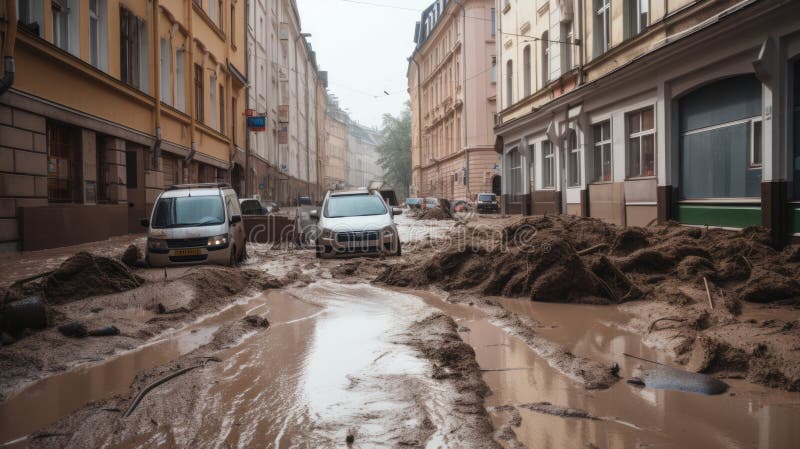 Devastating Flood Waters Carry Mud and Debris through City Streets ...