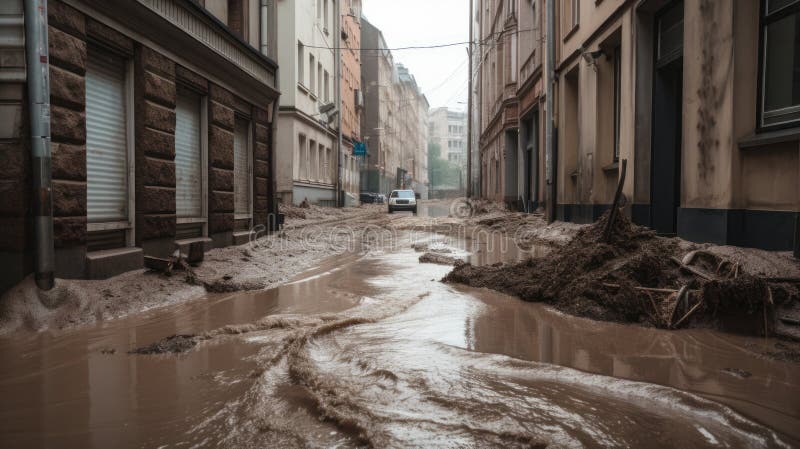 Devastating Flood Waters Carry Mud and Debris through City Streets ...