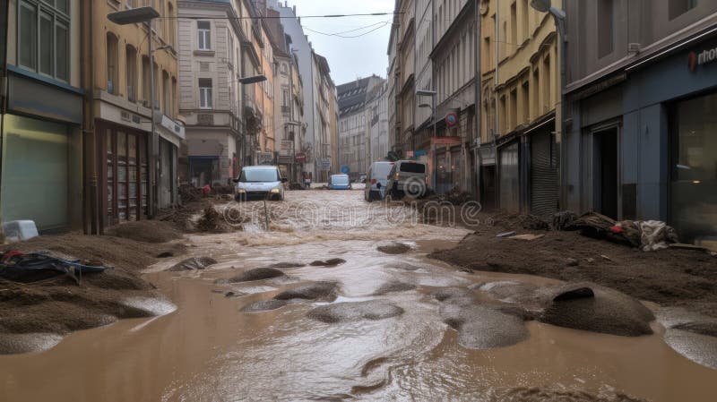 Devastating Flood Waters Carry Mud and Debris through City Streets ...