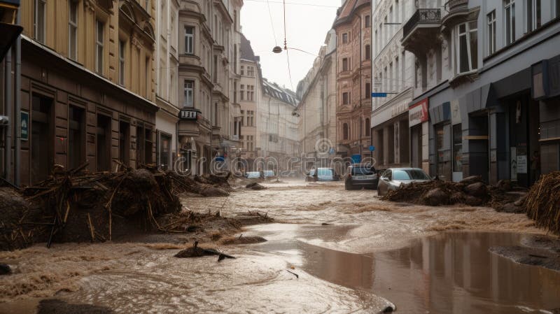Devastating Flood Waters Carry Mud and Debris through City Streets ...