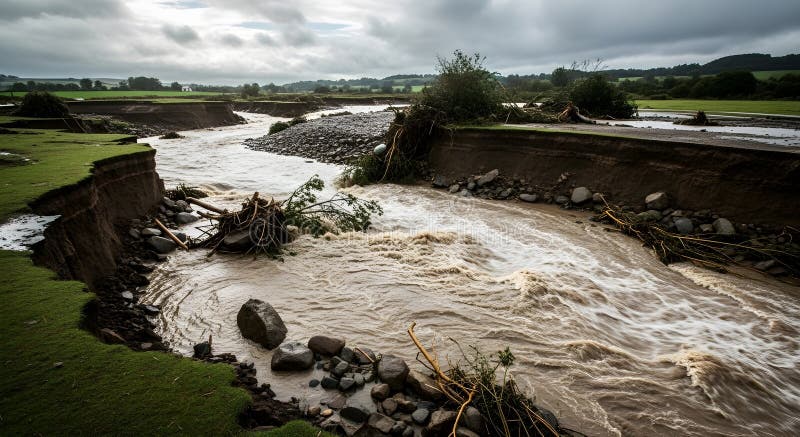 Devastating Floodwaters and Severe Riverbank Erosion Stock Illustration ...