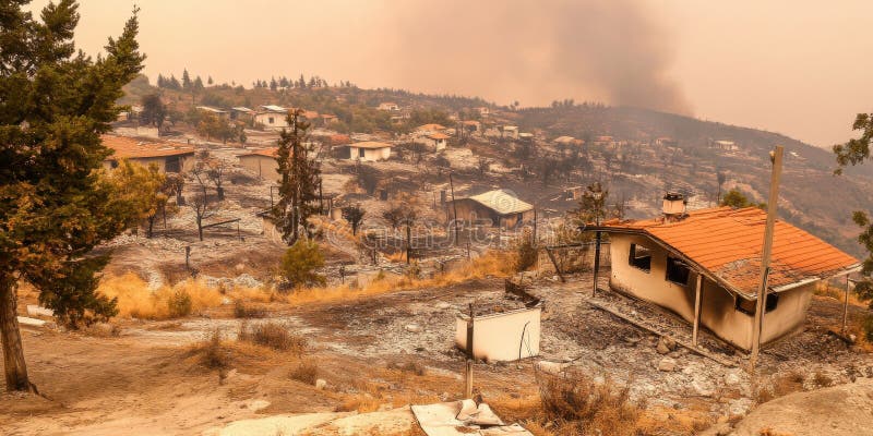 Devastating Forest Fire Aftermath with Burned Houses and Smoke in Rural ...