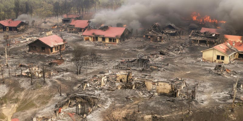 Devastating Forest Fire Aftermath with Burned Houses in Smoky Landscape ...