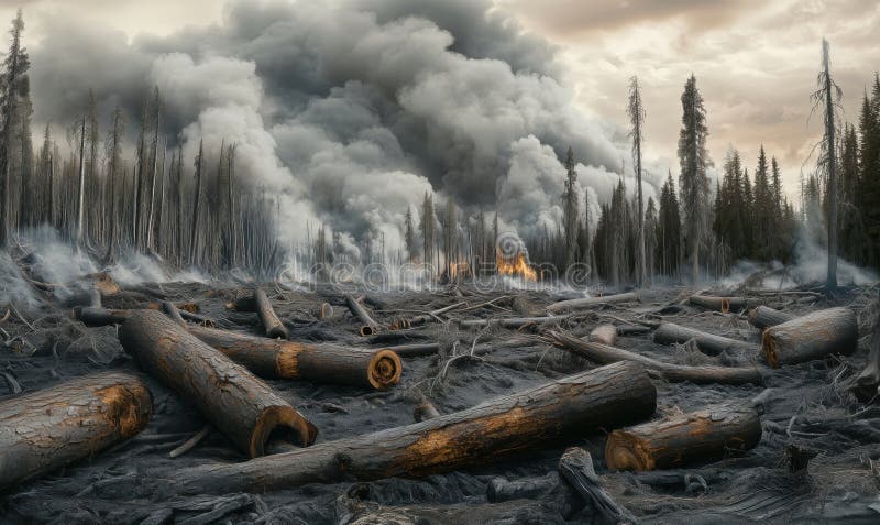 Devastating Forest Fire Aftermath with Charred Trees and Smoke-filled ...