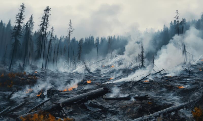 Devastating Forest Fire Aftermath Smoke Charred Trees Desolate ...