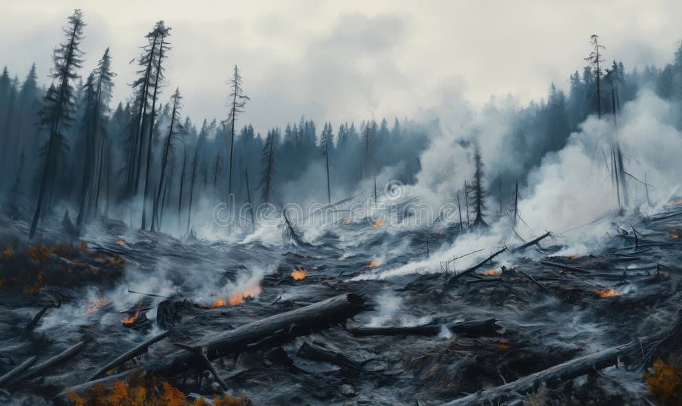 Devastating Forest Fire Aftermath with Smoke and Charred Trees in a ...