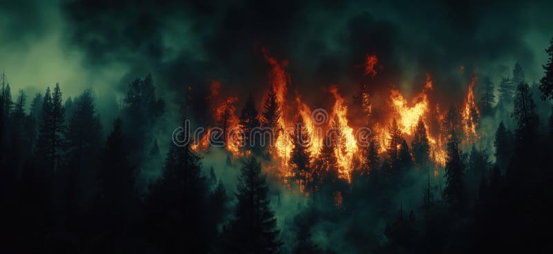 Devastating Forest Fire Engulfing Trees in Flames and Smoke Under Dark ...