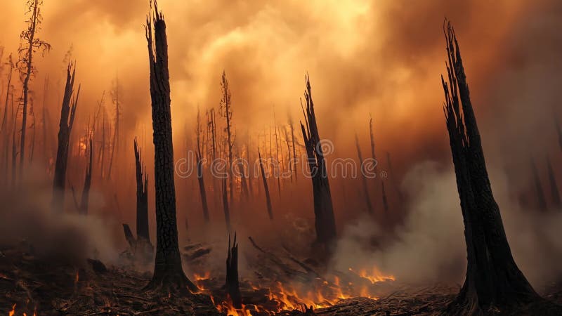 A Devastating Forest Fire Engulfs a Landscape, with Charred Trees Standing Against Thick Smoke ...