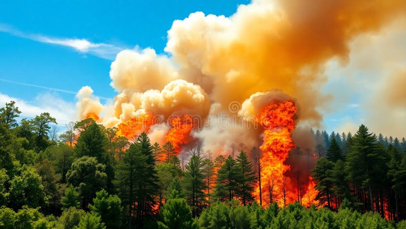 Intense Forest Fire Burning Out of Control with Flames and Thick Smoke ...