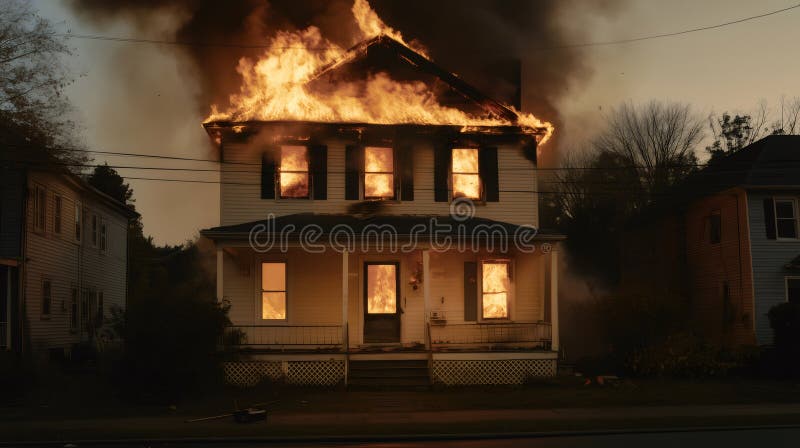 Devastating House Fire Engulfs Suburban Home at Dusk Stock Illustration ...