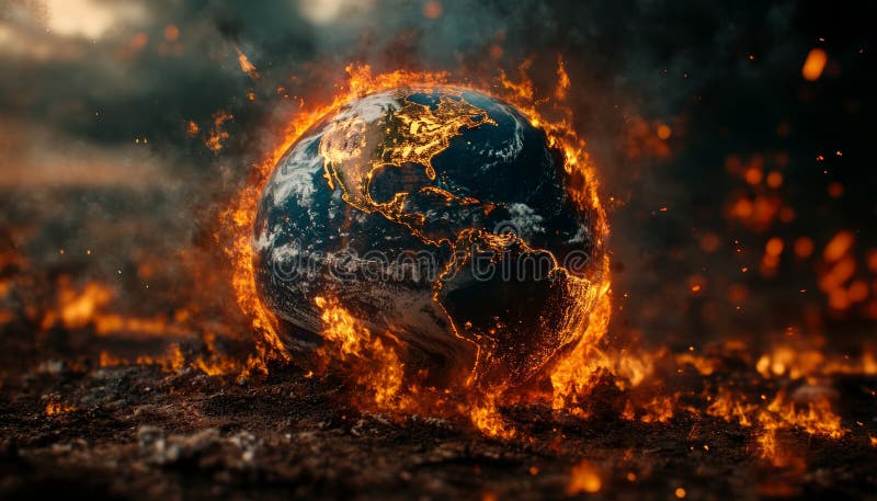 Devastating Impact of Global Warming Earth Globe Engulfed in Flames As ...