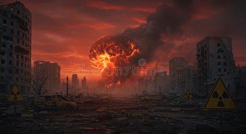 Devastating Nuclear Explosion Over Ruined Cityscape Under Red Sky Stock Photo - Image of ...