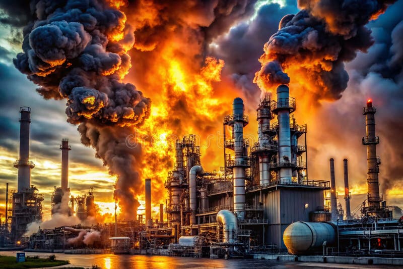 Devastating Oil Refinery Explosion Massive Fire and Black Smoke Cloud ...