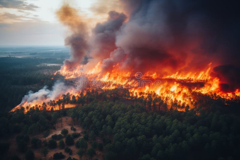 Devastating Pine Forest Fire Top Down View of Smoke and Intense Orange ...