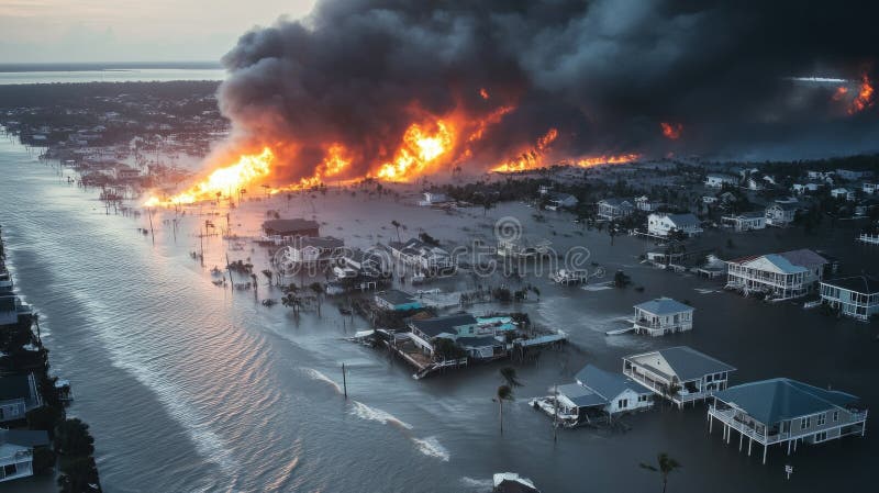Devastating Scene of Flooded Homes Engulfed in Flames and Smoke Stock ...
