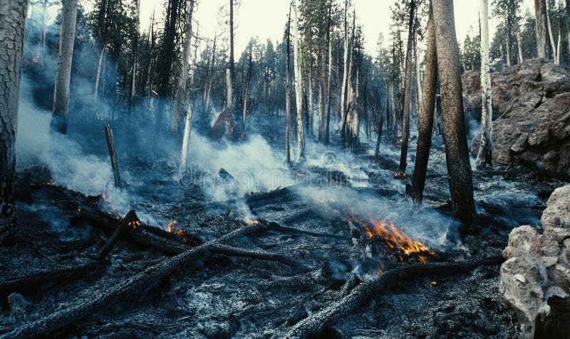 Scorched Forest Landscape Aftermath of Wildfire with Smoke and Burned ...