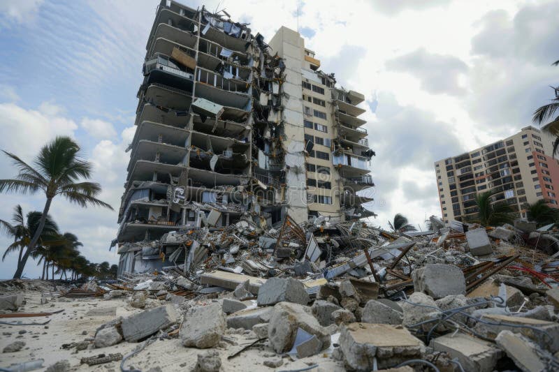 Collapsed Building with Debris on the Ground and Scattered Rubble Stock ...
