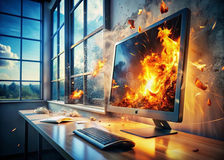 Devastating Tech Inferno a Room Engulfed in Flames Computer Screen ...