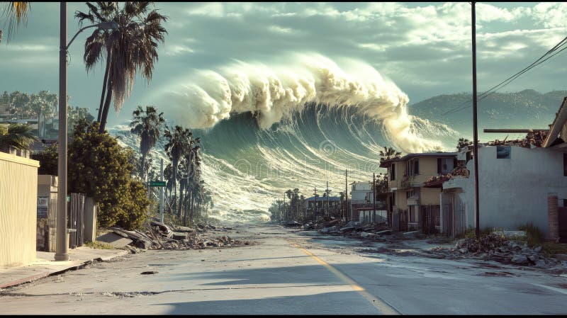 Devastating Tsunami Waves Loom Over a Coastal City, Causing Destruction ...
