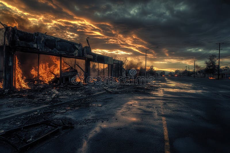 Devastating Urban Fire Scene at Sunset with Dramatic Skies Stock Photo ...