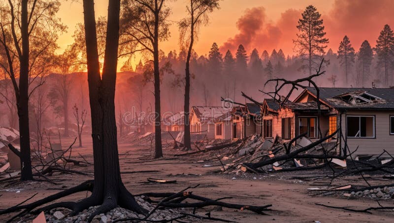 Devastating Wildfire Aftermath Scorched Homes and Trees at Sunset ...