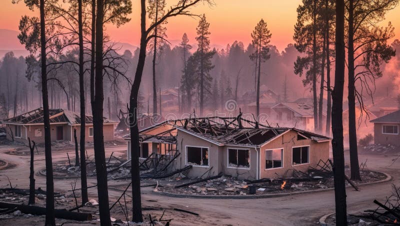 Devastating Wildfire Aftermath Scorched Homes and Trees at Sunset Stock ...