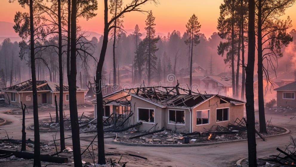 Devastating Wildfire Aftermath Scorched Homes and Trees at Sunset Stock ...
