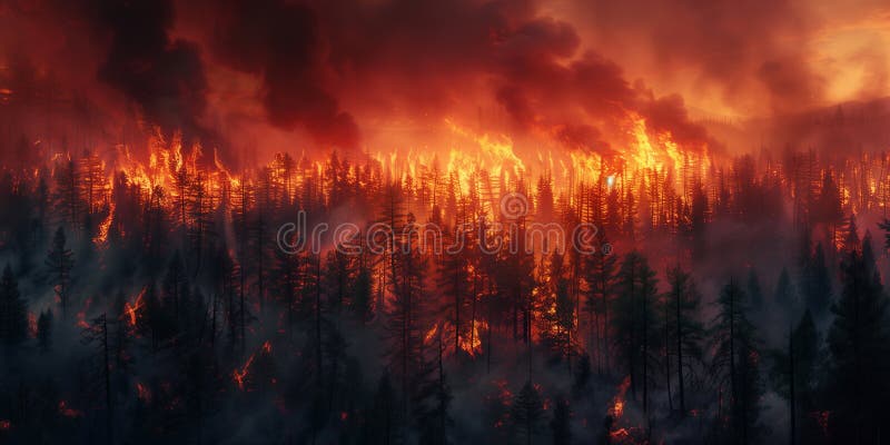 A Devastating Wildfire Blazes through a Dense Forest with Intense ...