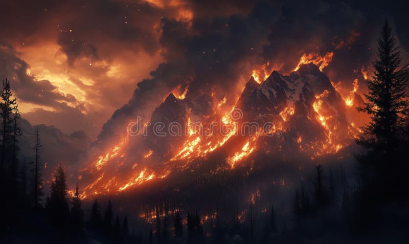 Devastating Wildfire Engulfing Mountain Landscape at Sunset with ...